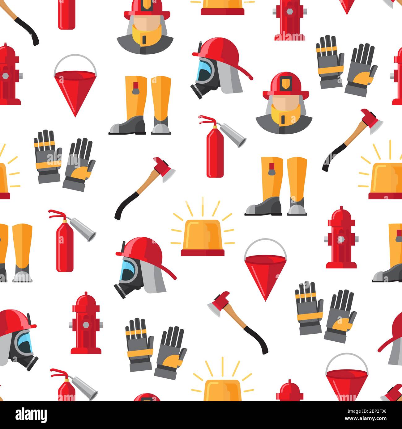 Firefighter, fire department icons seamless pattern, vector ...