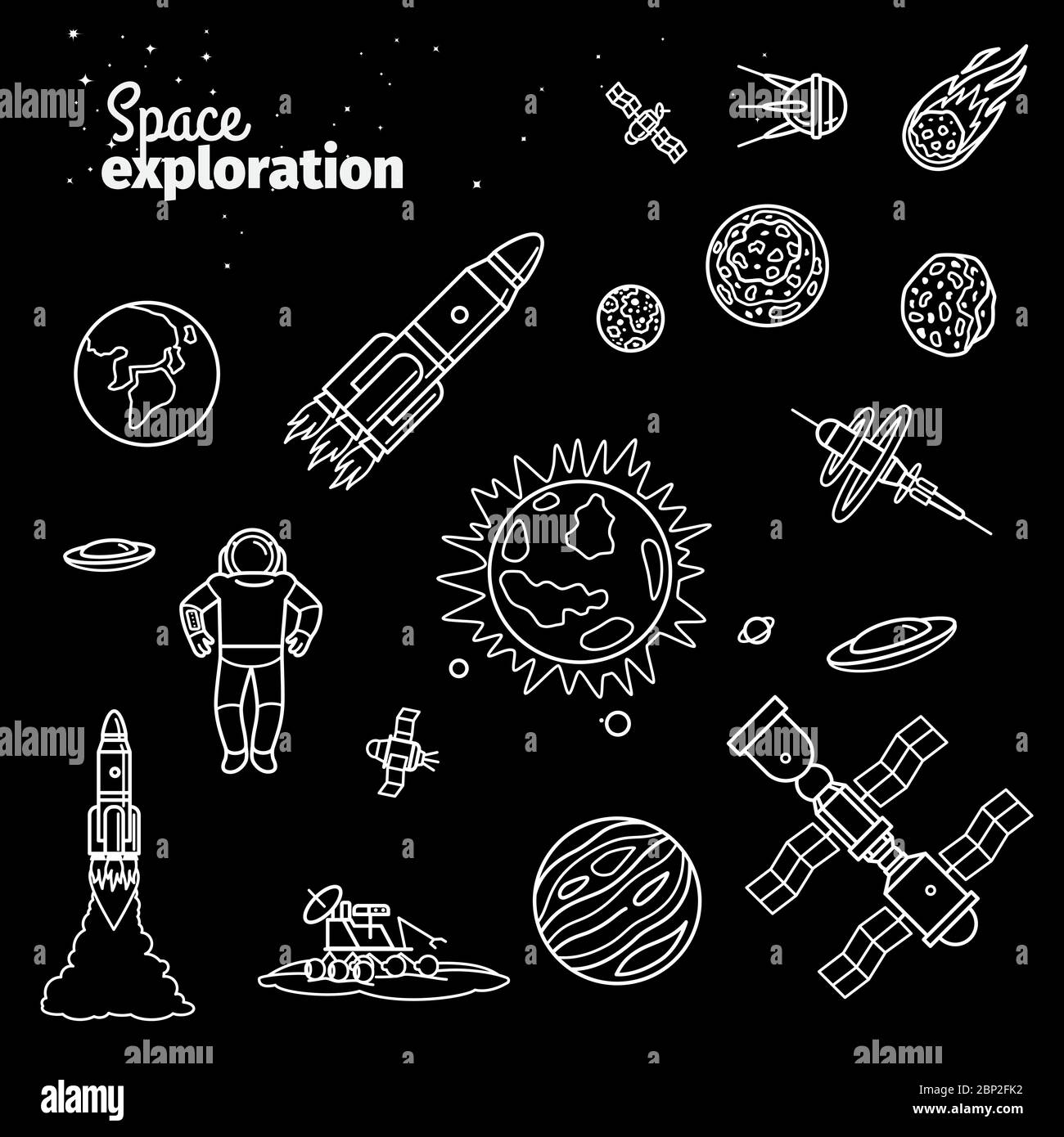 Cosmic doodle elements. Space exploration white line doodle vector ...