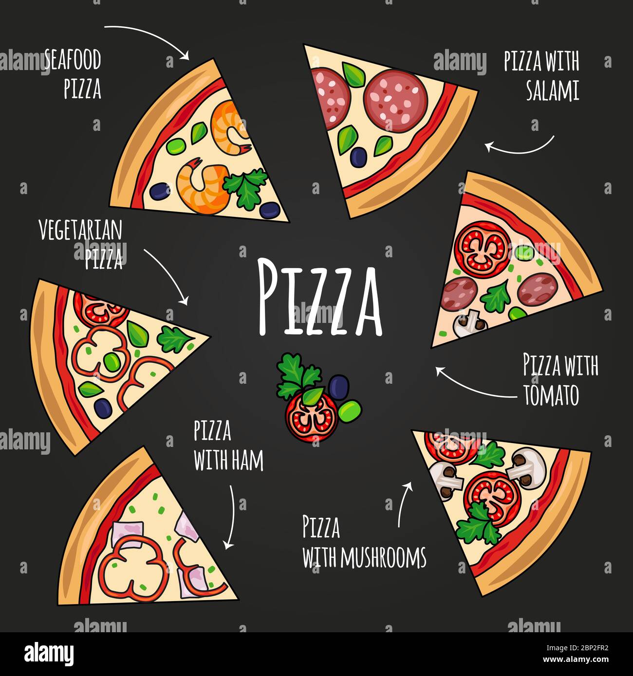 Pizza slices. Blackboard pizzeria menu. Colorful pizza slice icons with ...