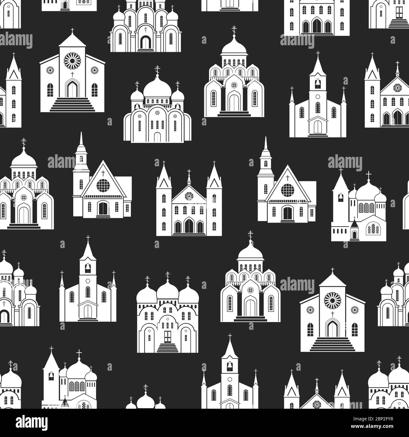 White christian church buildings silhouettes on black background ...