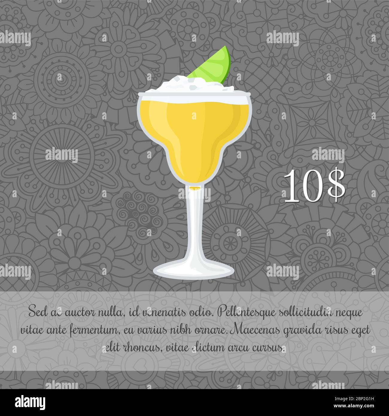 Alcoholic yellow cocktail card template with price and patterned ...