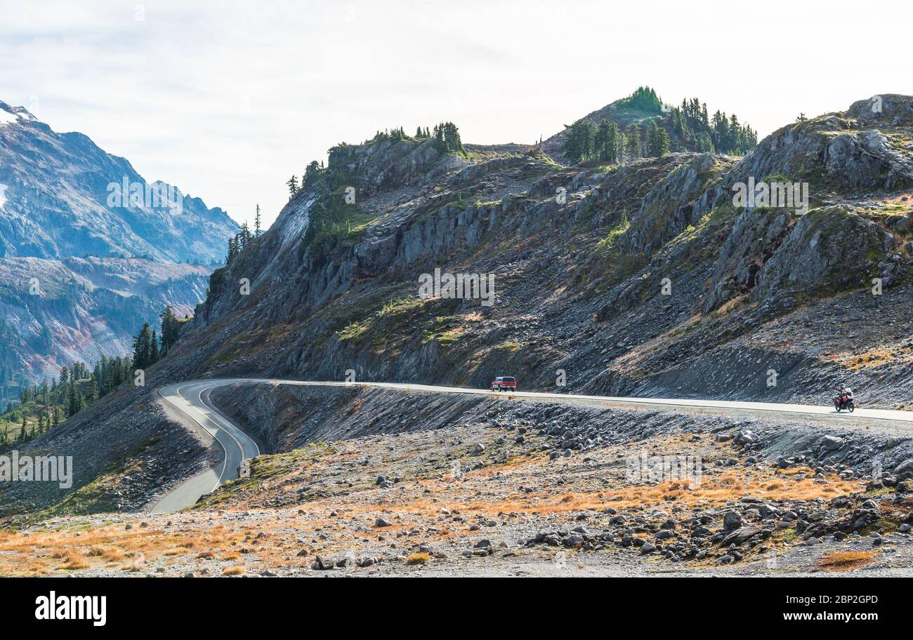 scenic view of curve and slope asphalt road on the mountain on the day ...