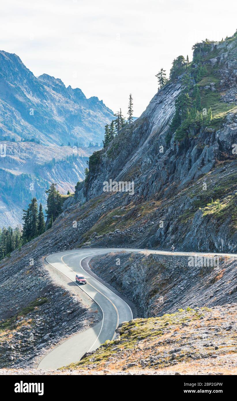 scenic view of curve and slope asphalt road on the mountain on the day ...