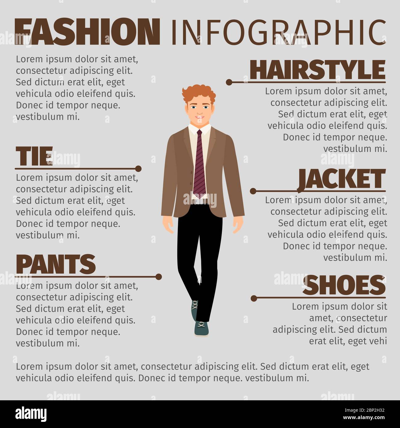 Fashion infographic with happy schoolboy in a brown jacket. Vector ...