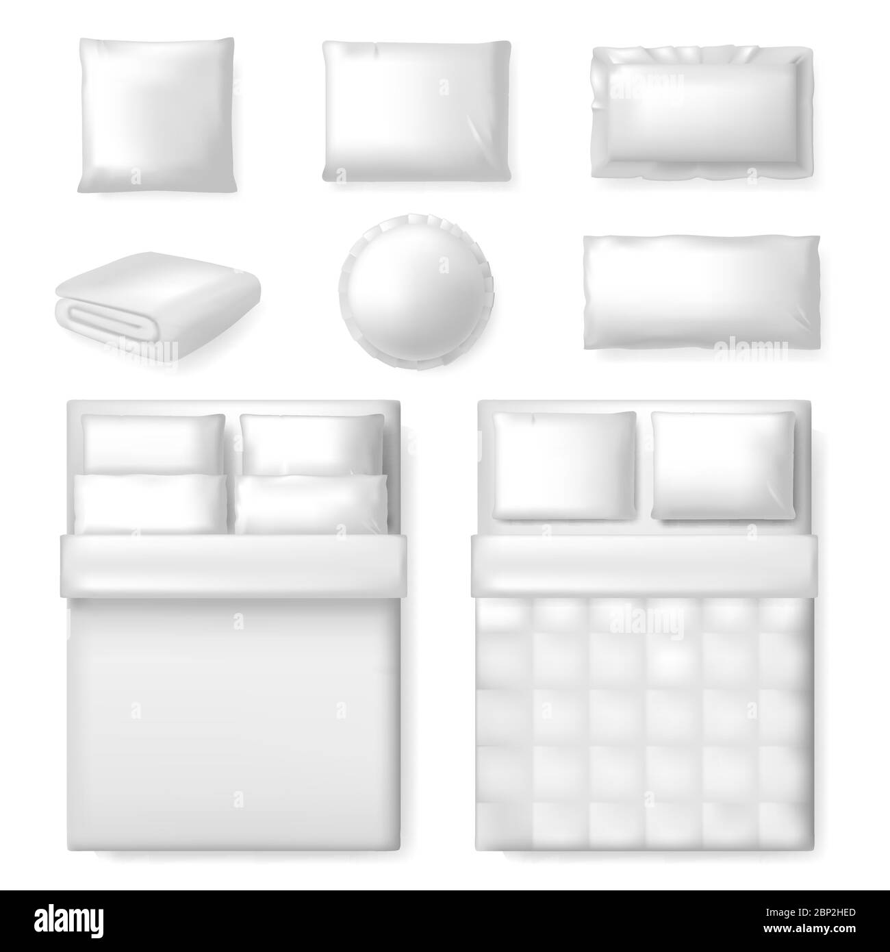 Realistic bedding template. White blank bed, blanket and pillows ...