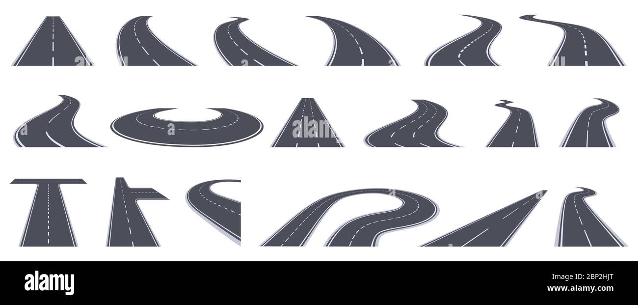 Road perspective view. Curving highway roads, bend asphalt roads in ...