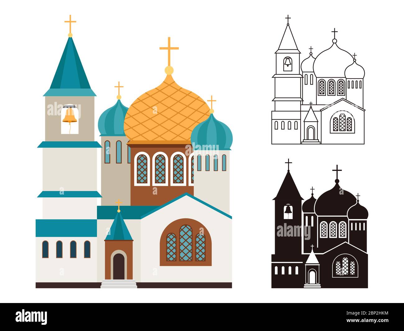 Christian churches vector set. Line, silhouette and flat style church isolated on white Stock ...