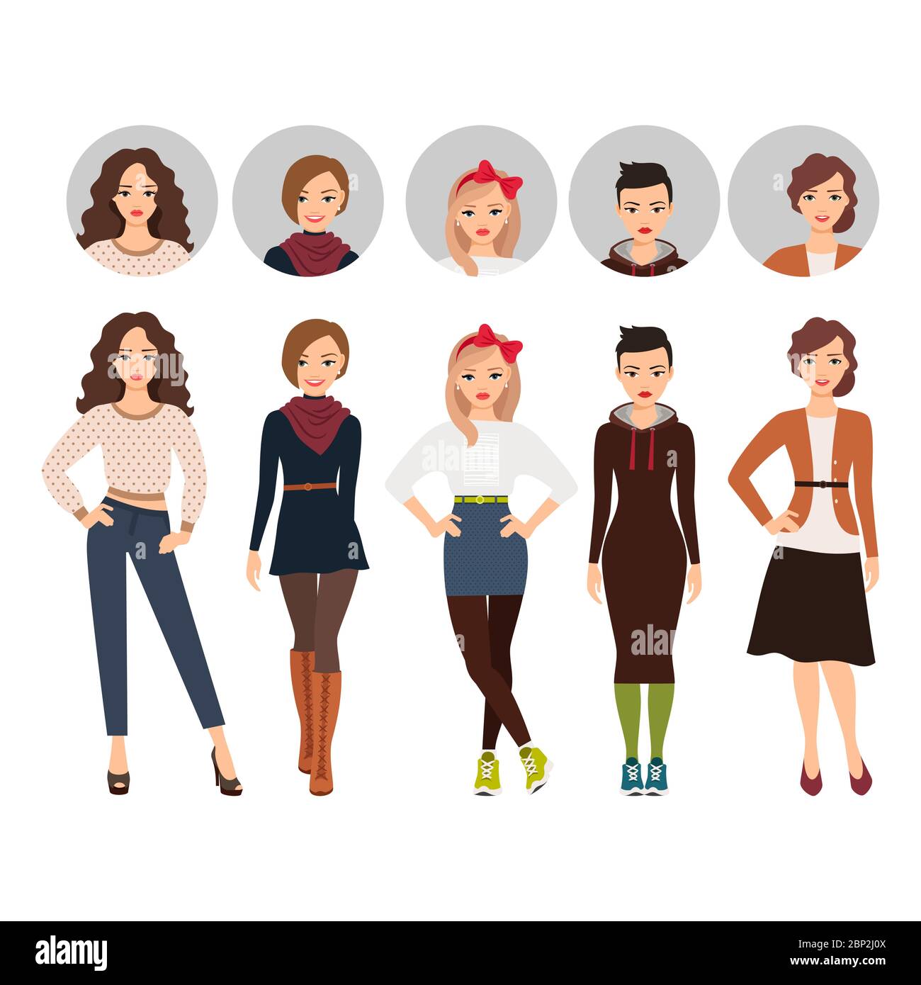 Cartoon teenage girl in everyday dress vector illustration with face ...