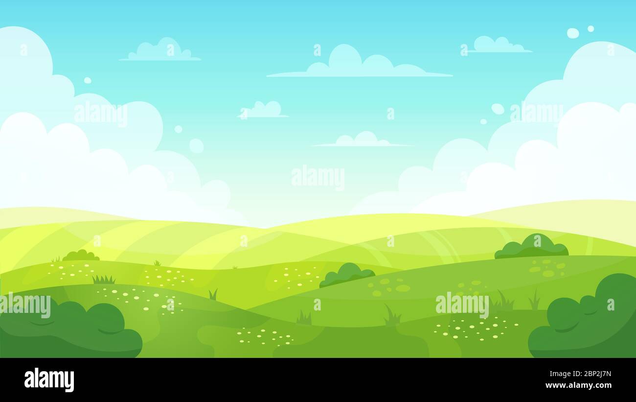 Cartoon meadow landscape. Summer green fields view, spring lawn hill ... Cartoon meadow landscape. Summer green fields view, spring lawn hill ...