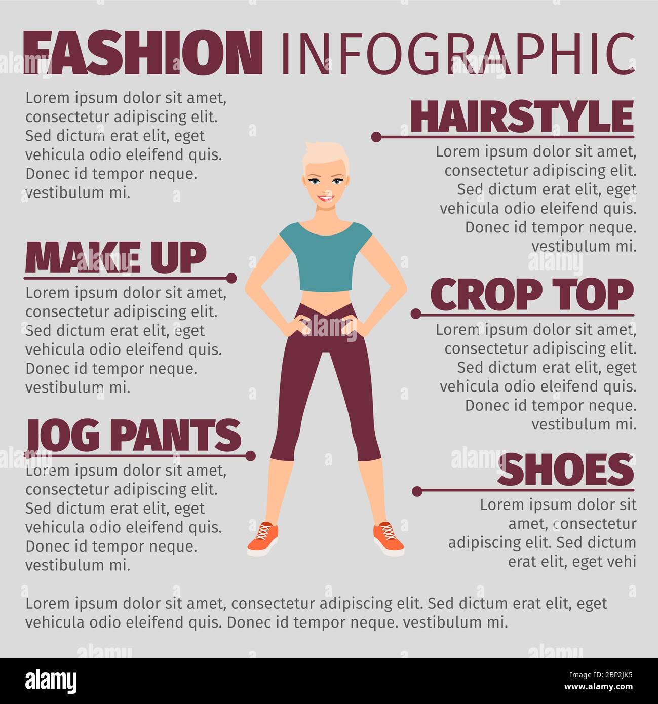 Fashion infographic with short haired girl in a sports suit. Vector ...