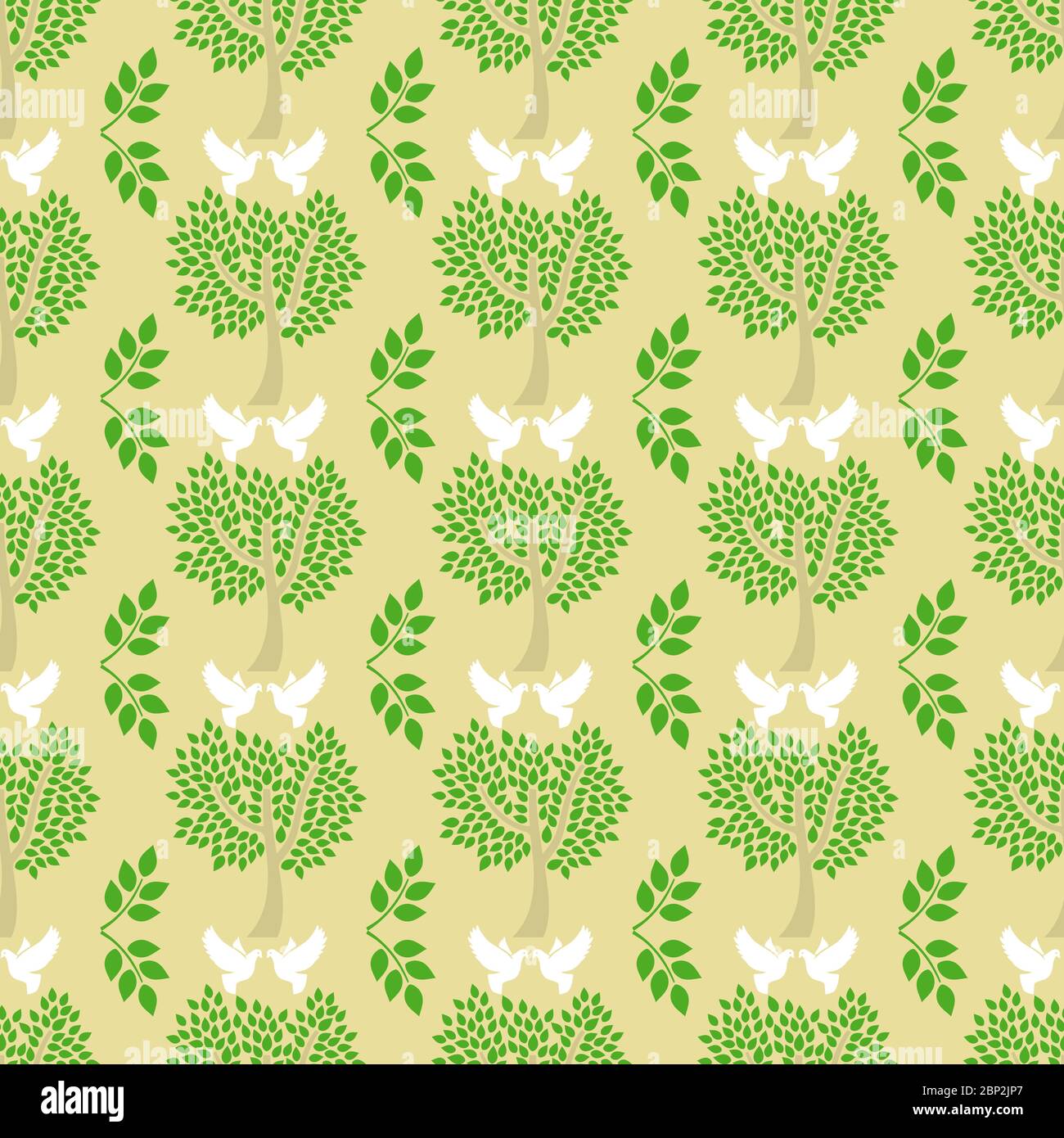 Seamless pattern with green tree and white flying doves, vector ...