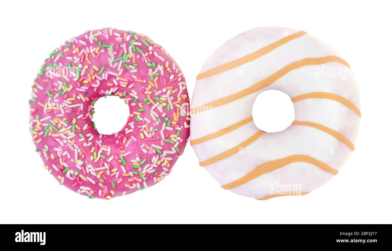Two fresh different donuts isolated on white background. Top view Stock ...