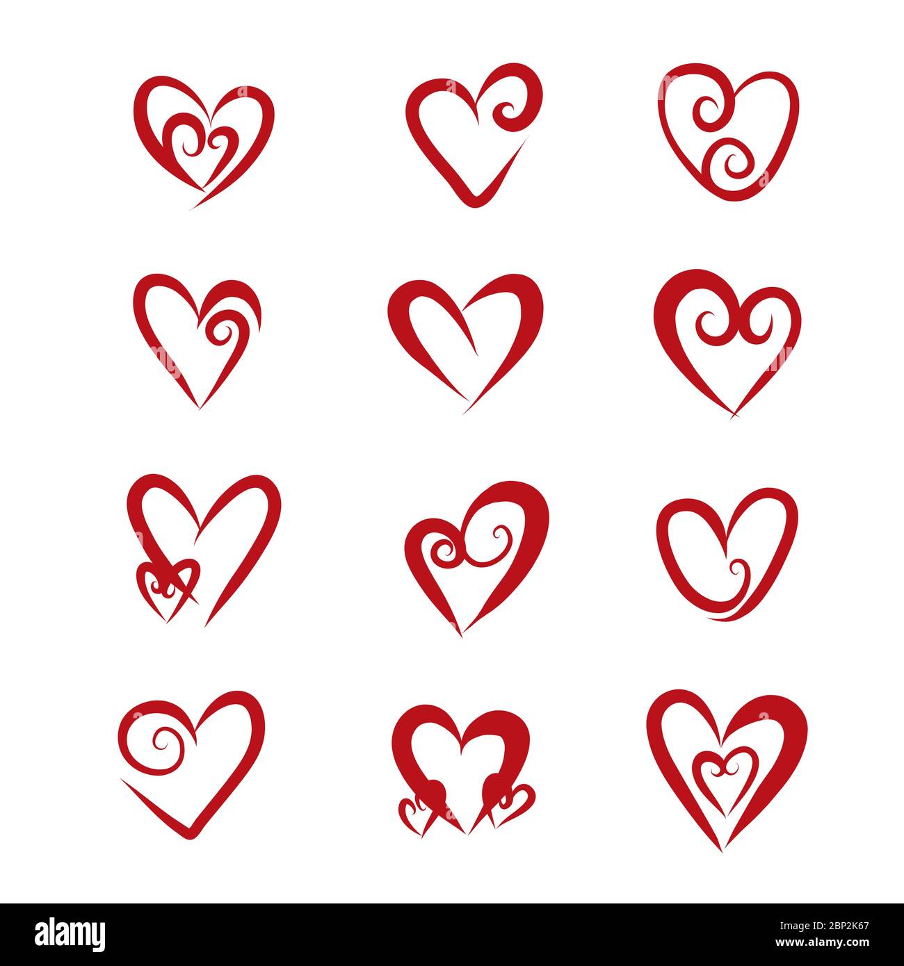 Heart symbols isolated on a white background. Red hand drawn icons for ...