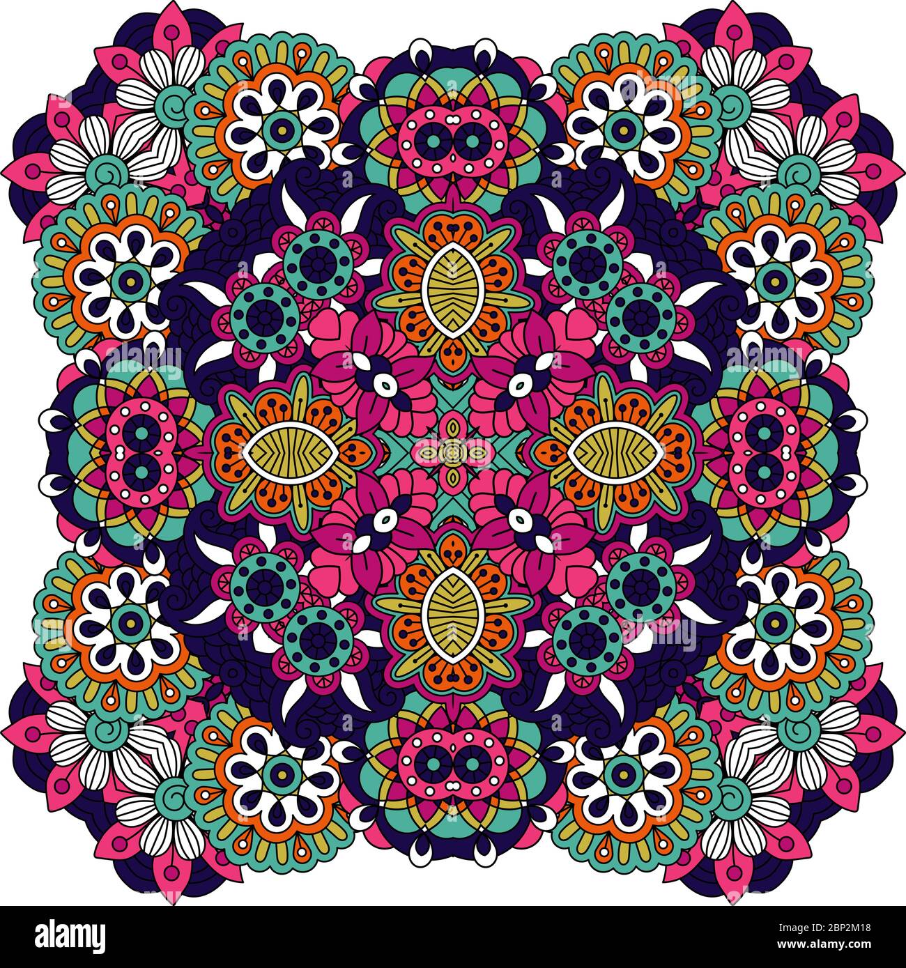 Floral decorative ornamental badge with flowers and leaves in violet ...