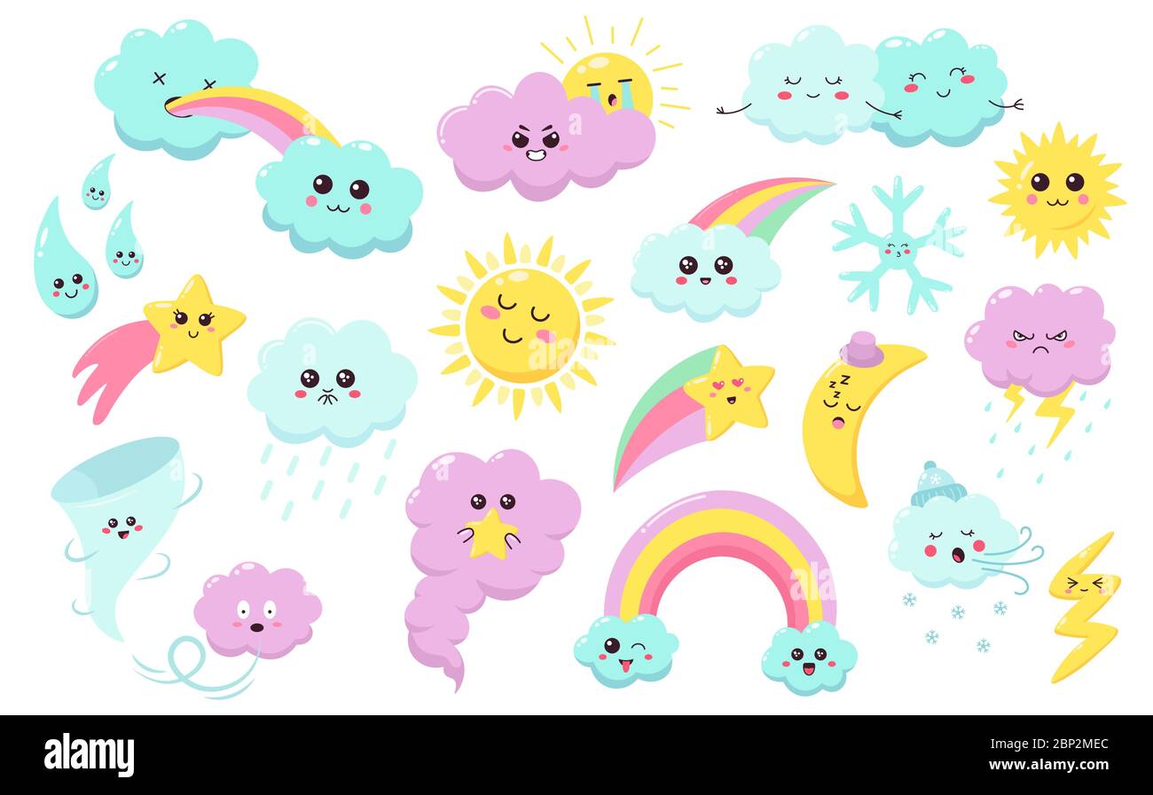 Hand drawn weather phenomena. Cute sun, clouds and rainbow, weather ...
