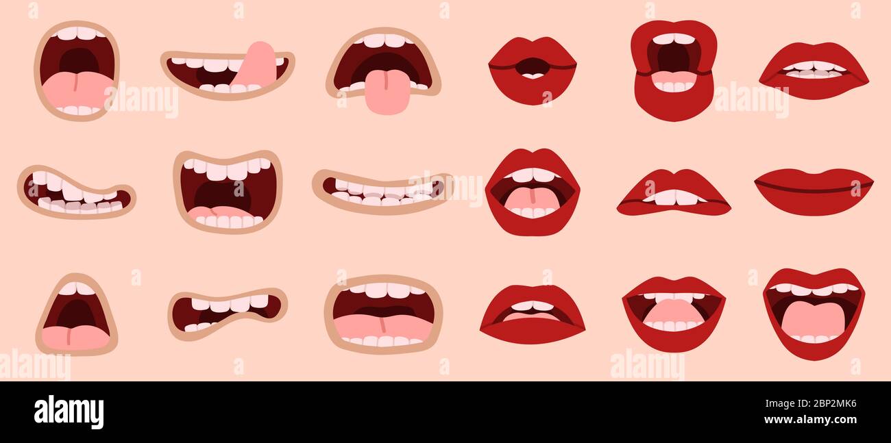 Cartoon cute mouth. Hand drawn comic mouths and lips, laughing with ...