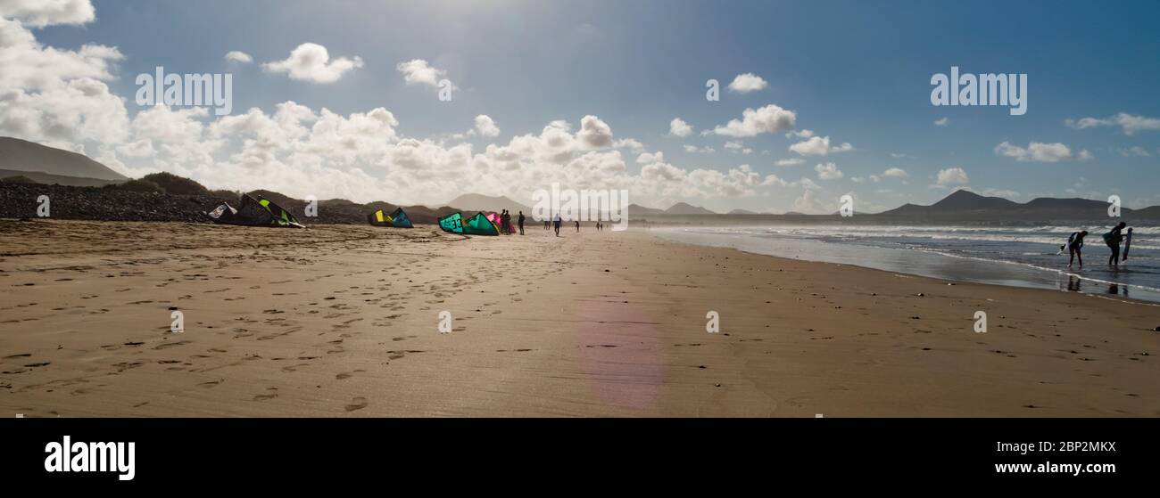 Kitesurfing in Caleta de Famara, in Lanzarote, Canary Islands, in Spain ...
