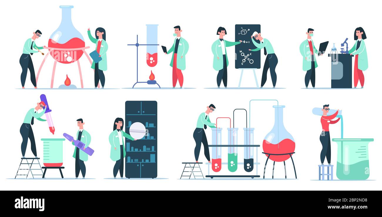Science chemist characters. Science laboratory research, working ...
