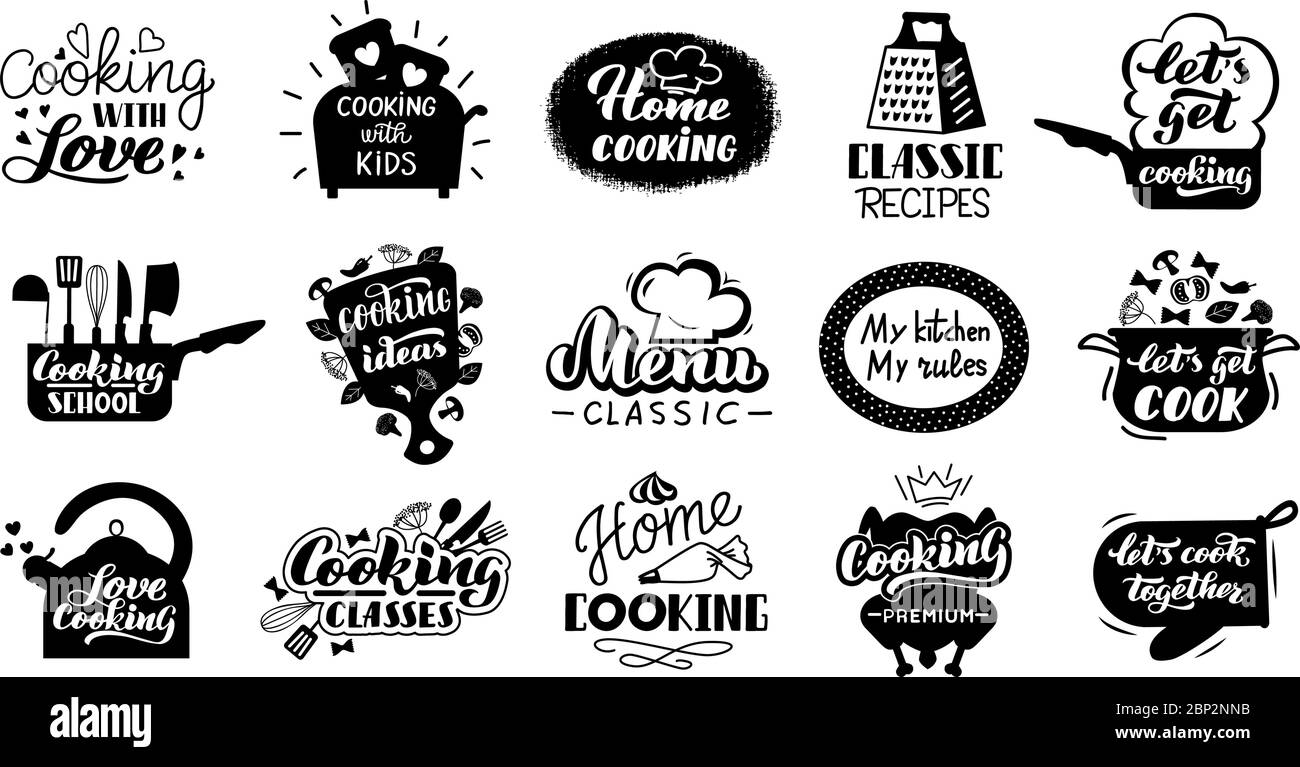 Cooking lettering badges. Kitchen gourmet recipes, hand drawn food ...