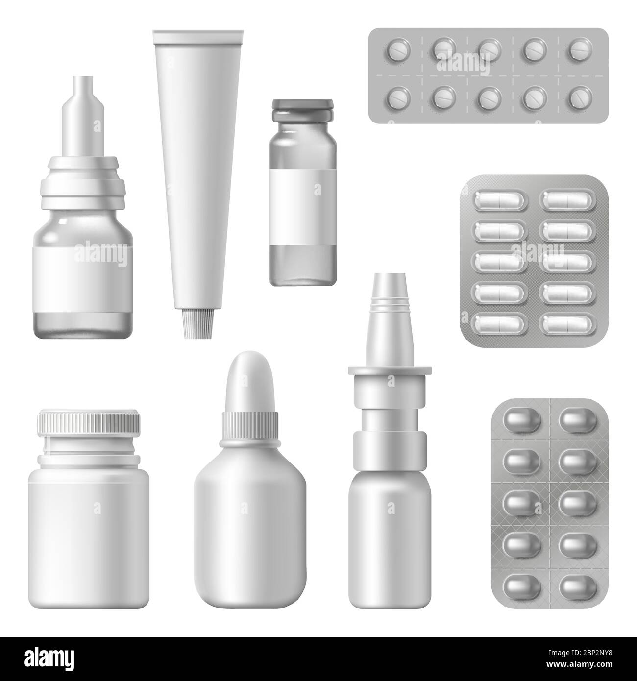 Realistic medical packages. Pharmaceutical supplements, drugs, spray ...