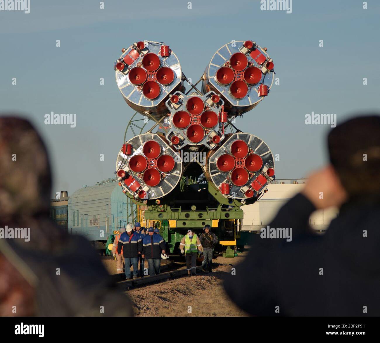 The Soyuz rocket is rolled out by train to the launch pad at the ...