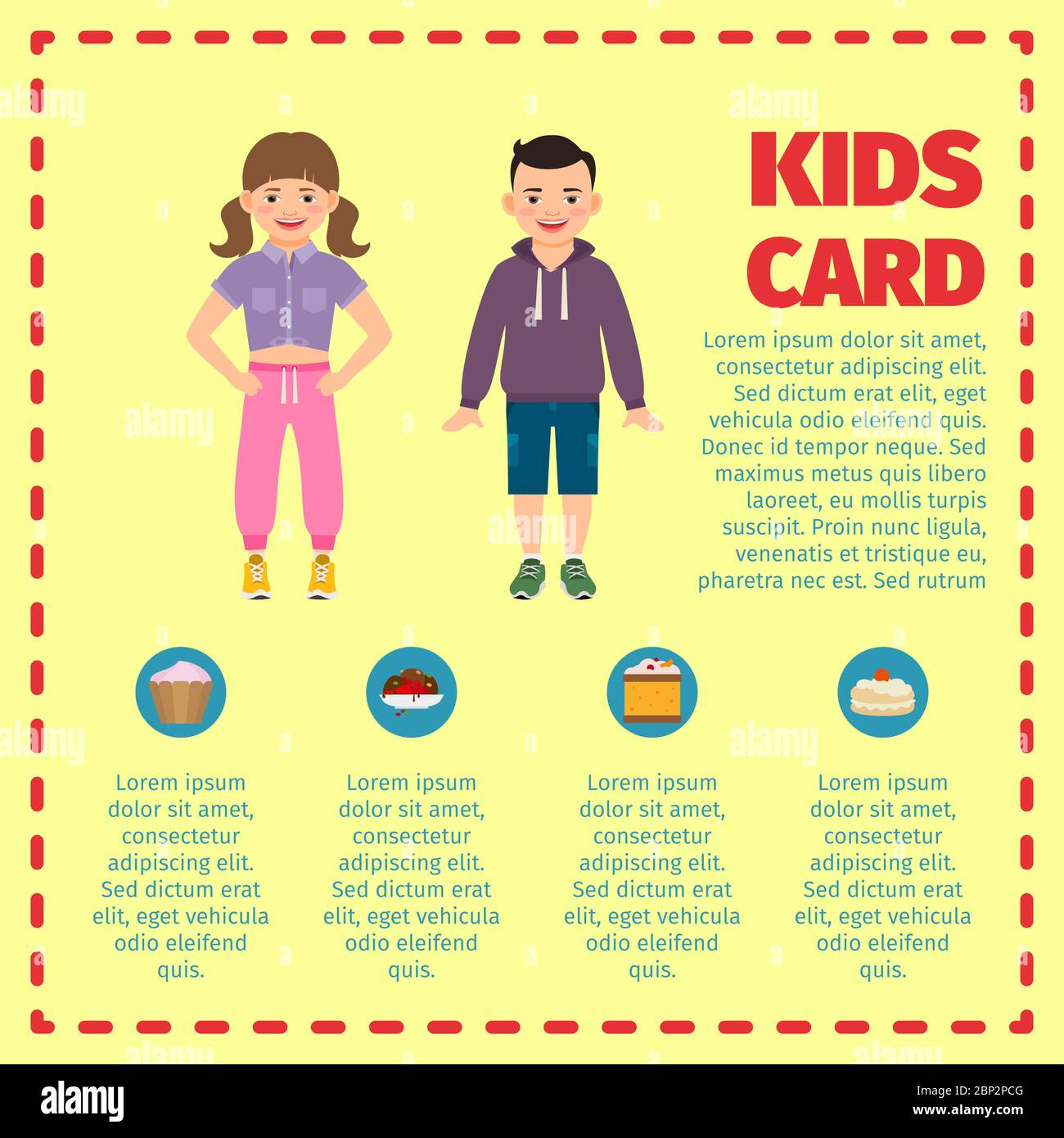 Yellow kids card infographic template with little boy and girl. Vector ...