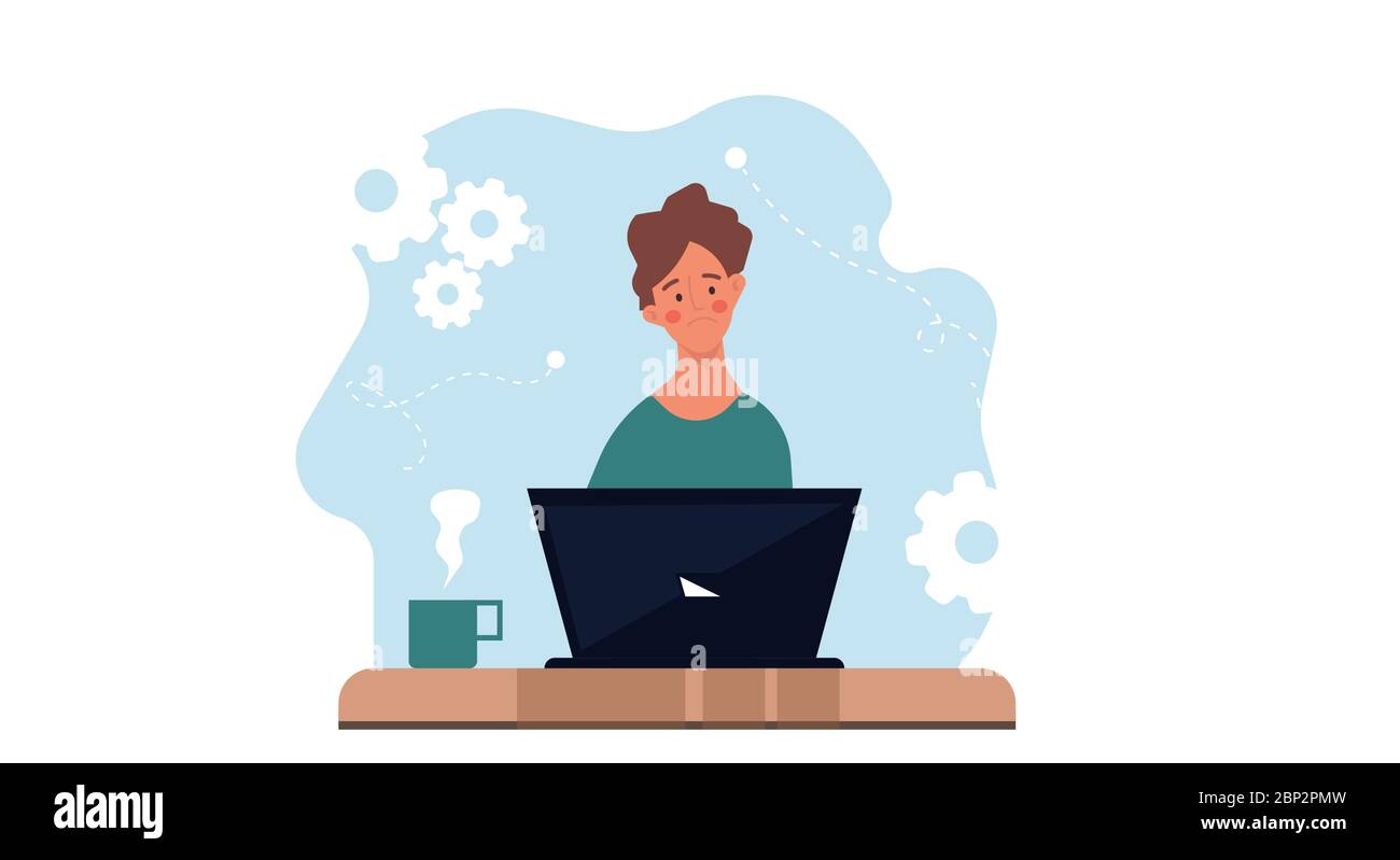 Thinking sad man on laptop vector flat illustration business concept ... Thinking sad man on laptop vector flat illustration business concept ...