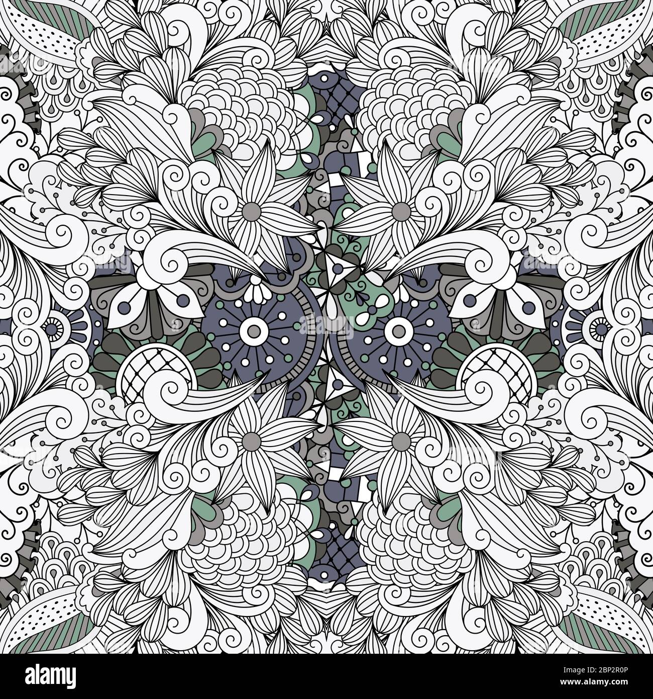 Grey color outline decorative floral pattern with flowers, swirls and ...