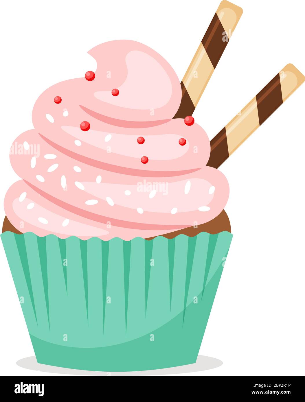 Chocolate muffin with pink frosting and thin wafer tubes. Sweet cupcake ...