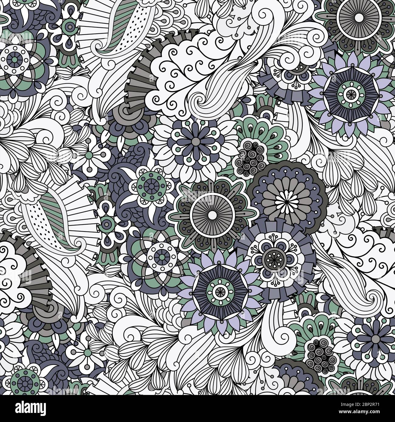 Decorative floral ornamental pattern with flowers and swirls in grey ...
