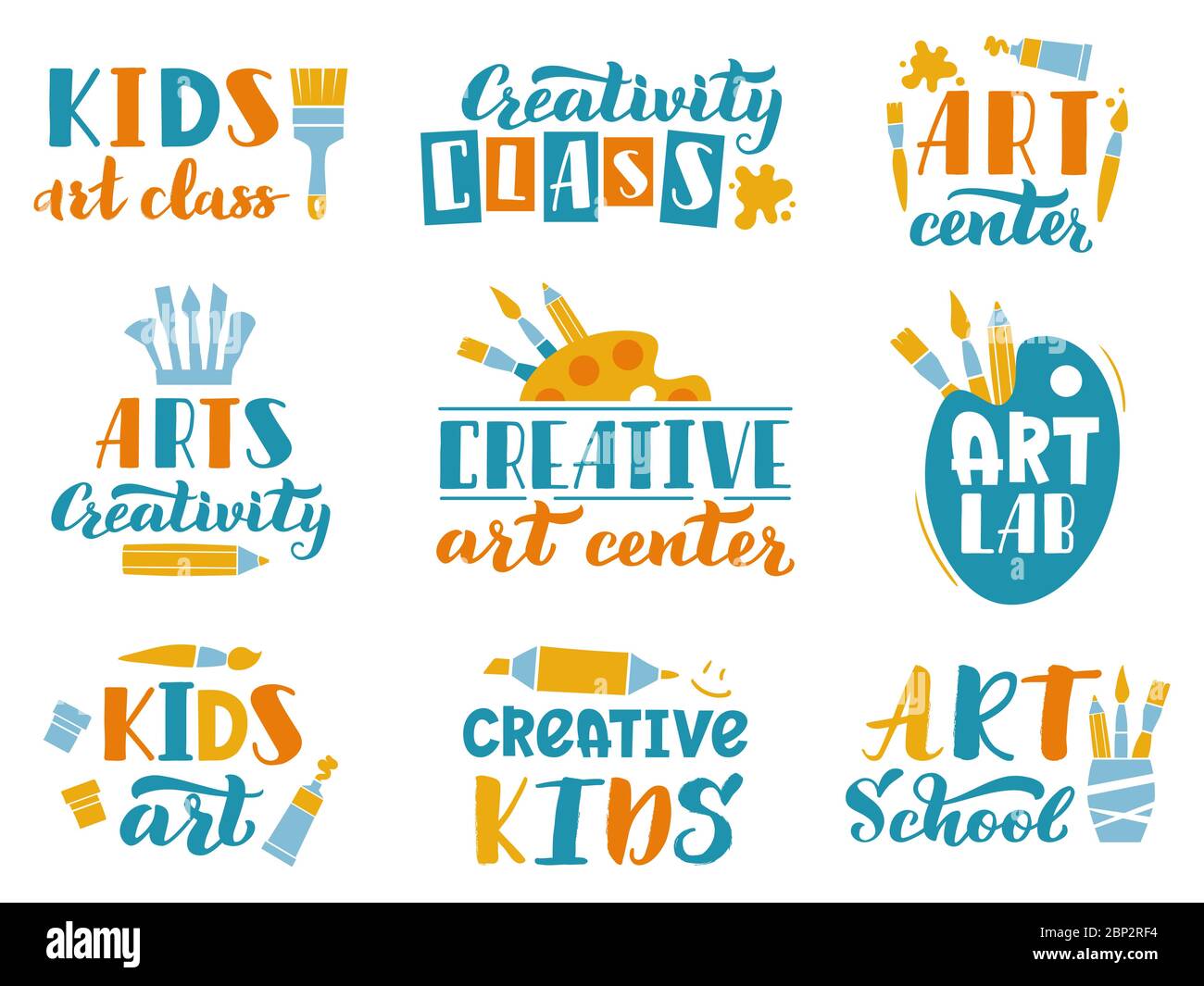 Creative art lettering. Kids art class or studio handwritten labels ...