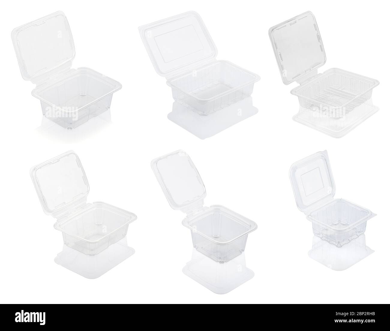 Set empty open transparent plastic food container isolated on white ...