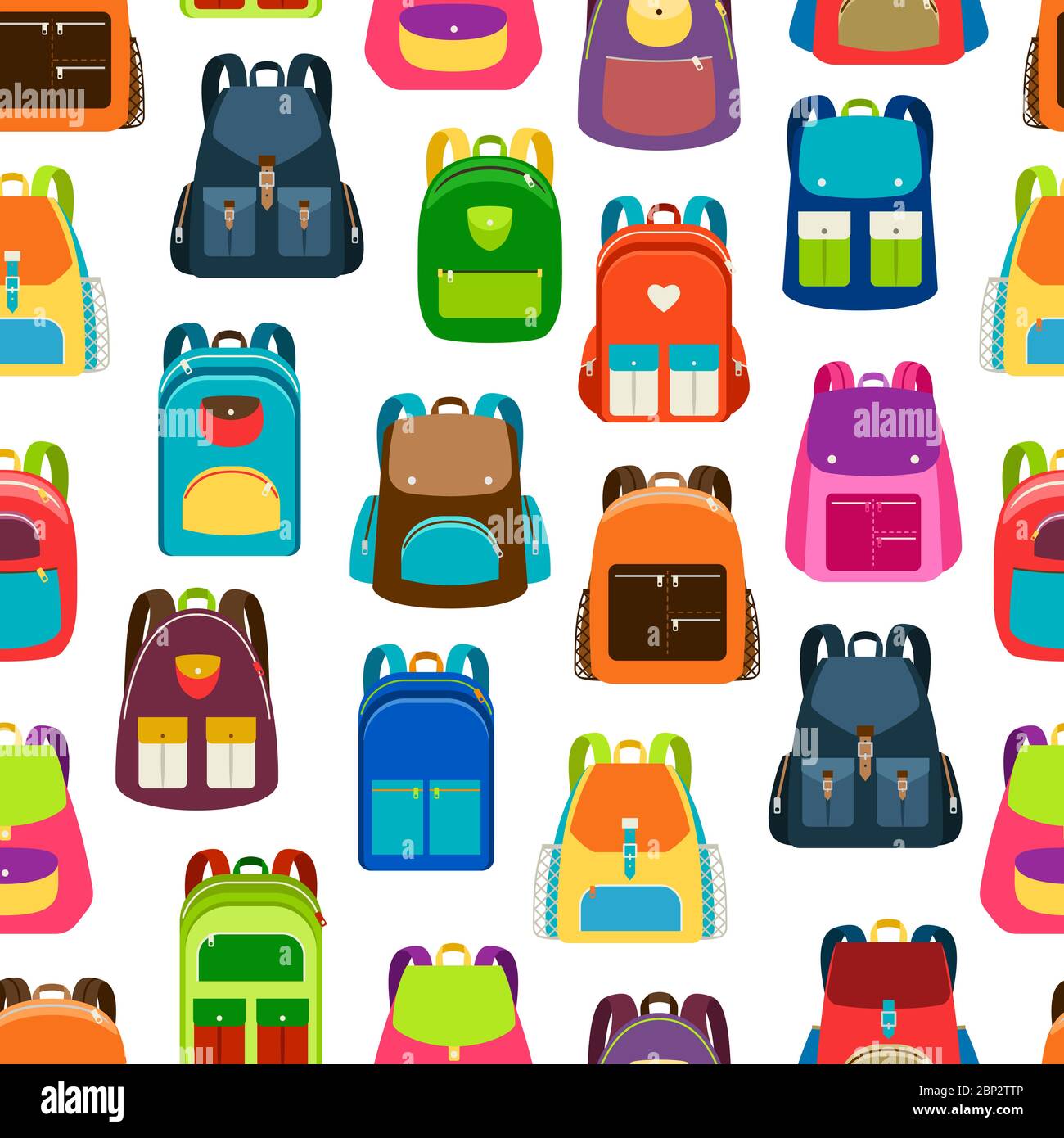 School cartoon pattern with flat colorful backpacks and rucksacks on ...