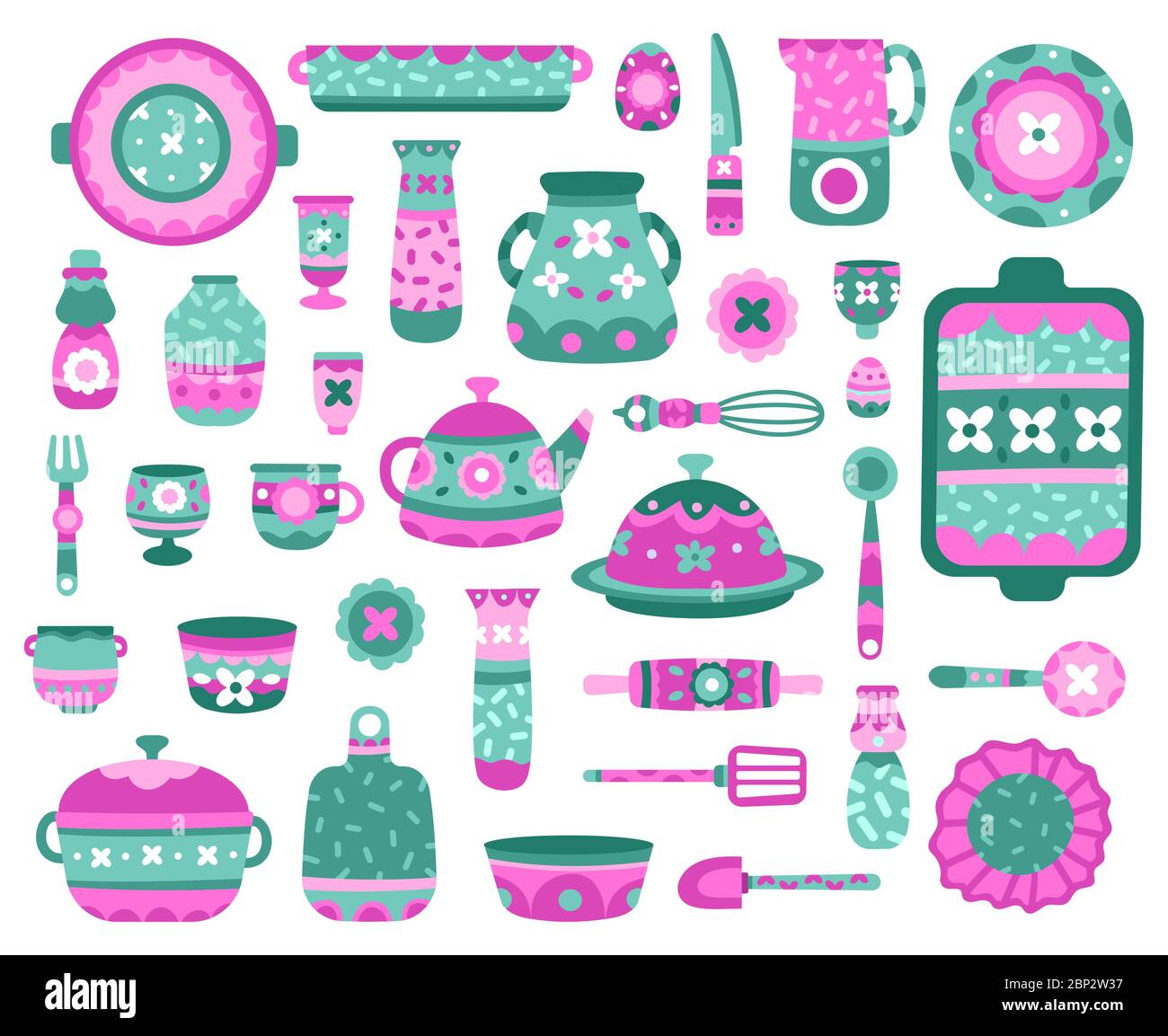 Cartoon kitchen dishes. Ceramic crockery, dishes, teapot, cups and ...