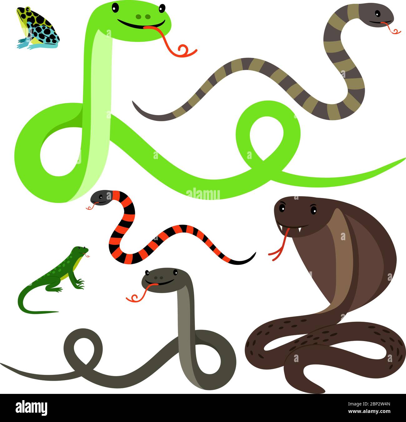 Different snakes and lizard cartoon icons set on white background ...