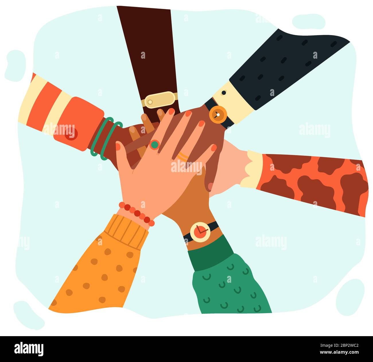 Hands putting together. People group putting hands teamwise ...