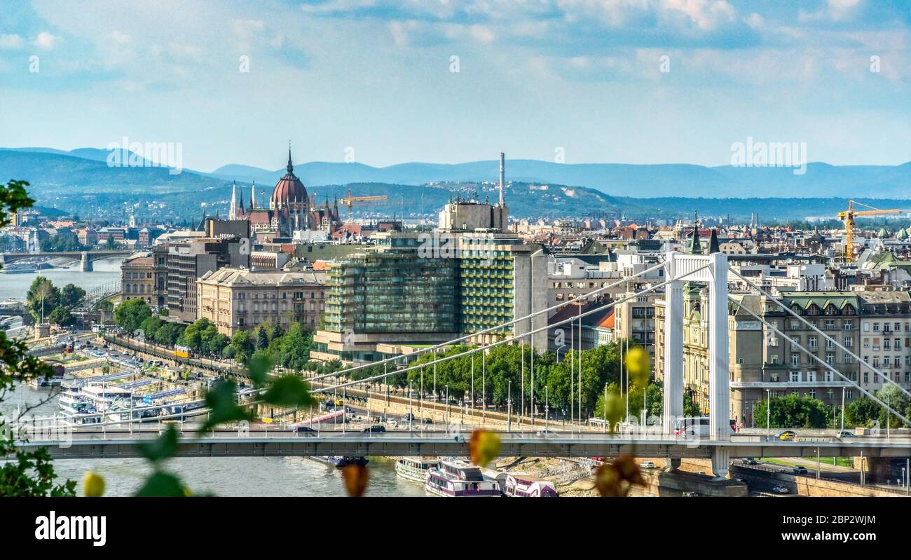 Architecture of Budapest downtown. Famous Parliament and bridges on ...