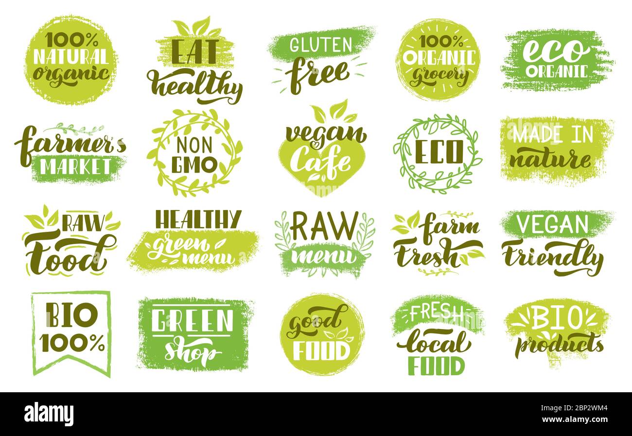 Organic eco stickers. Green natural food labels, vegetarian healthy ...