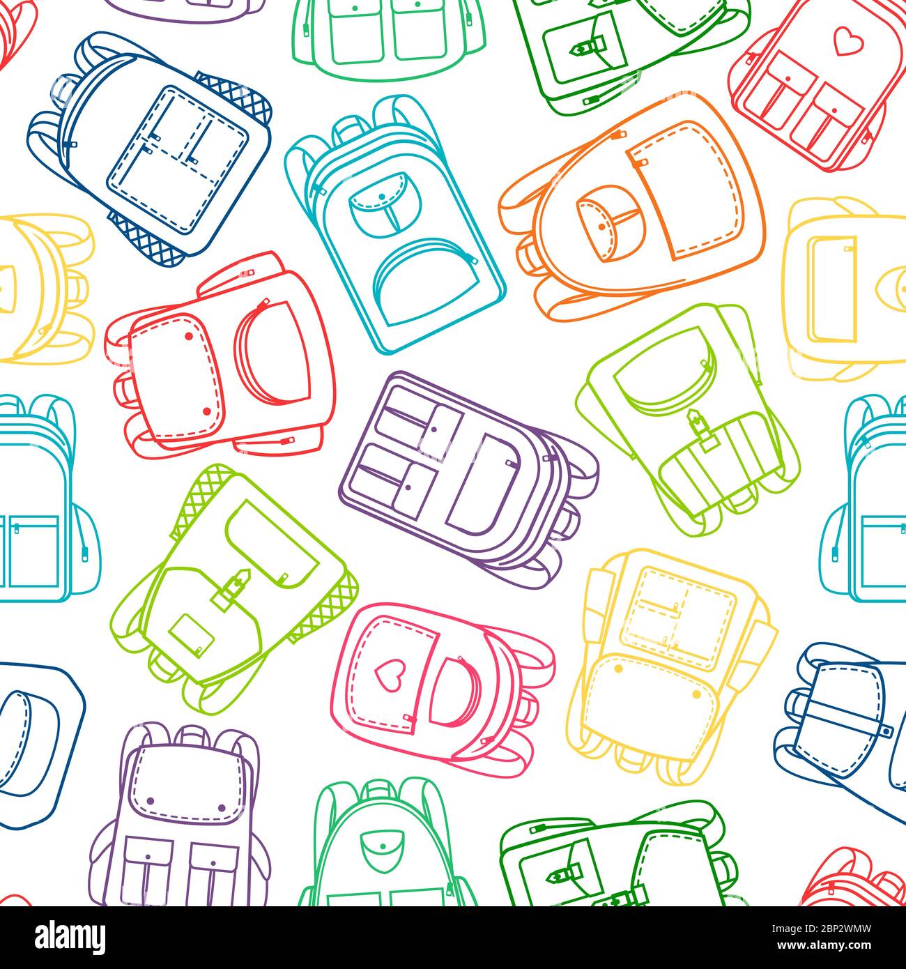 School pattern with colorful outline backpacks on white background ...