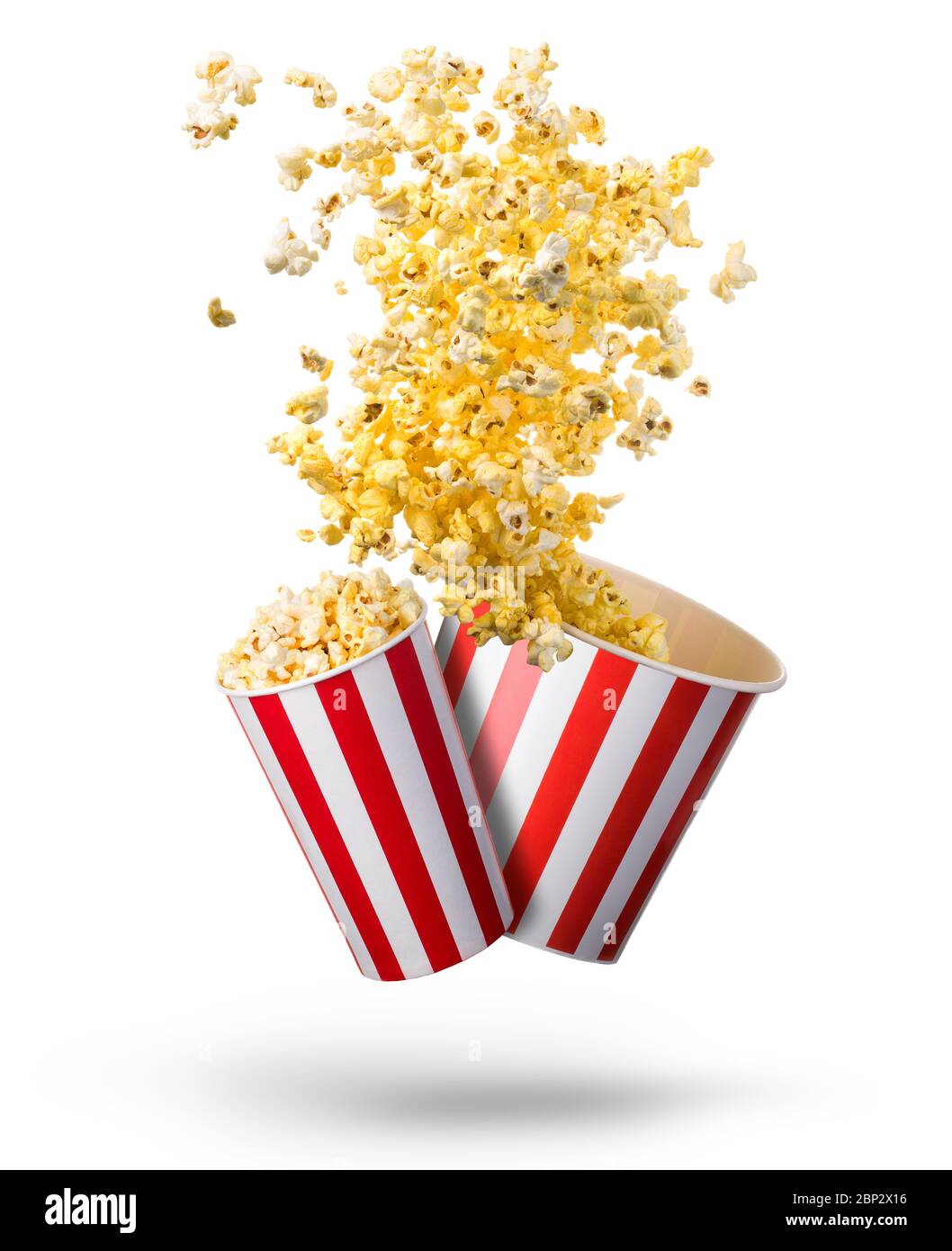 Set of flying popcorn from paper striped buckets isolated on white ...