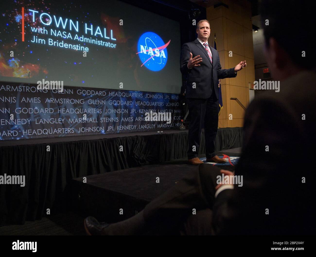 NASA Administrator Jim Bridenstine addresses employees during a town ...