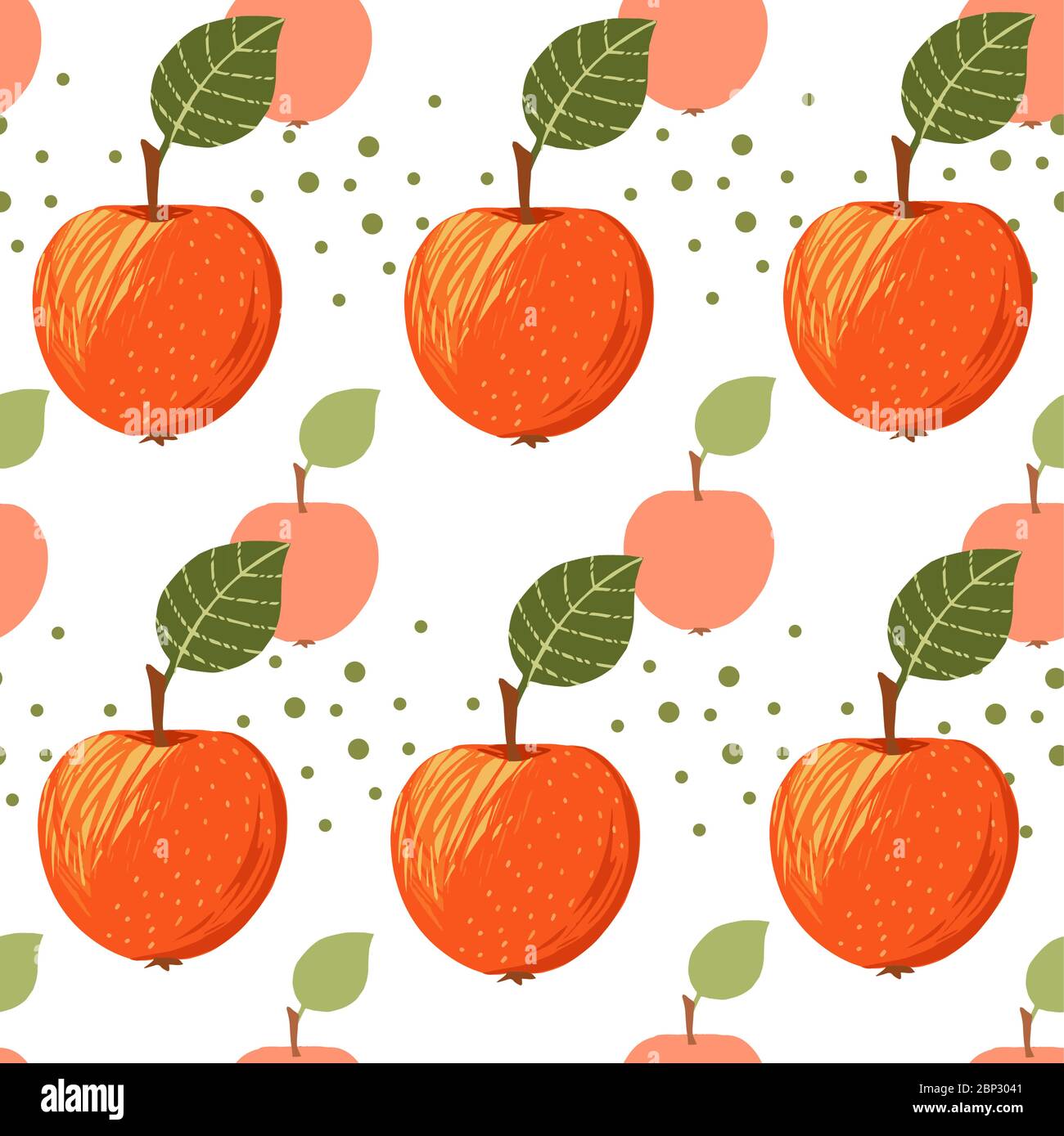 Seamless pattern of apples with green leaves flat vector illustration ...