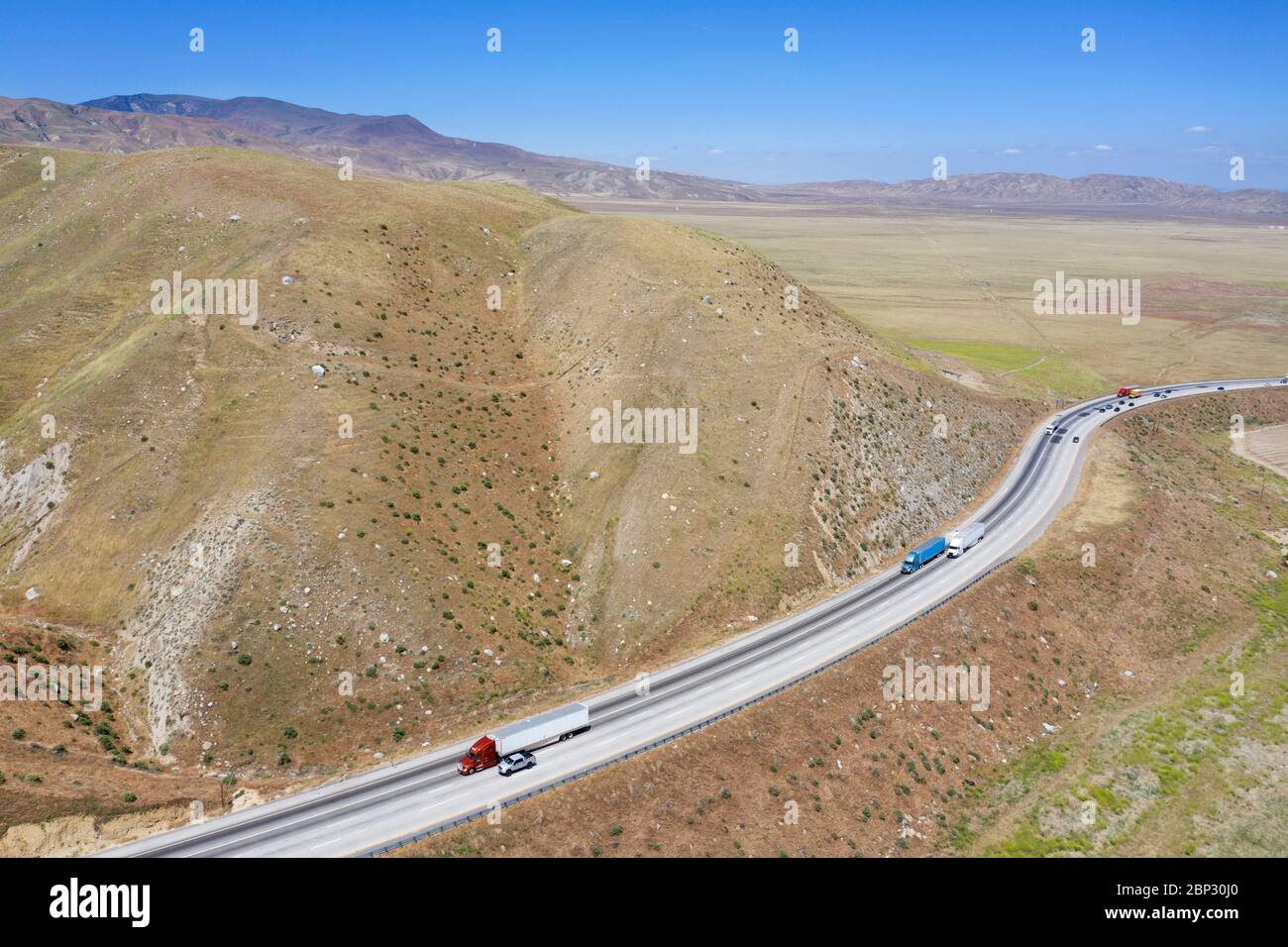 Aerial view above I-5 highway at the Grapevine, in Kern County ...