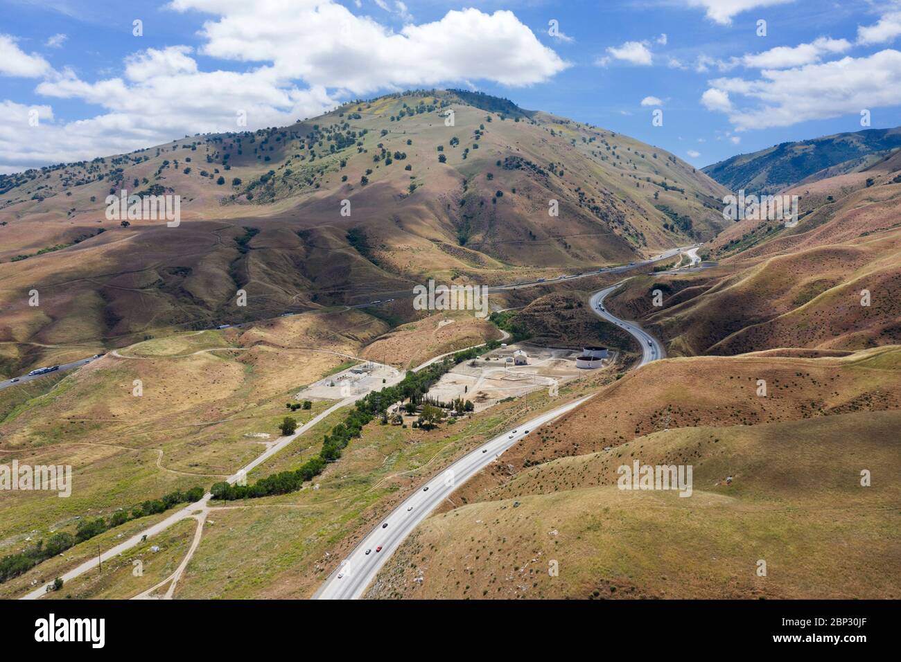 Aerial view above I-5 highway at the Grapevine, in Kern County ...