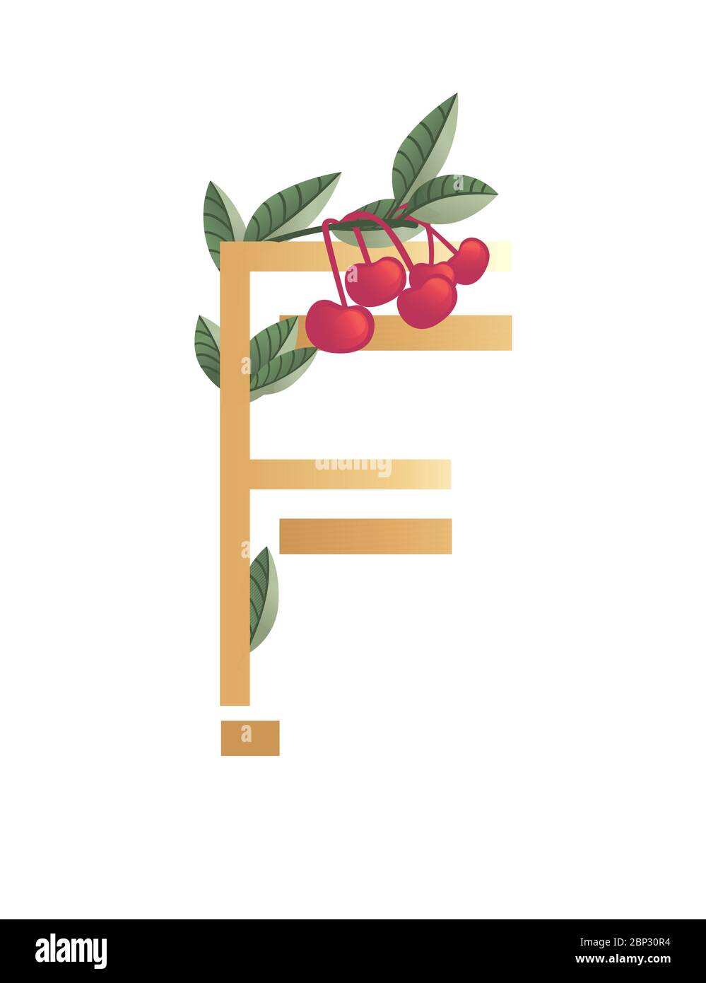 Letter F with gradient style beige color covered with green leaves and ...