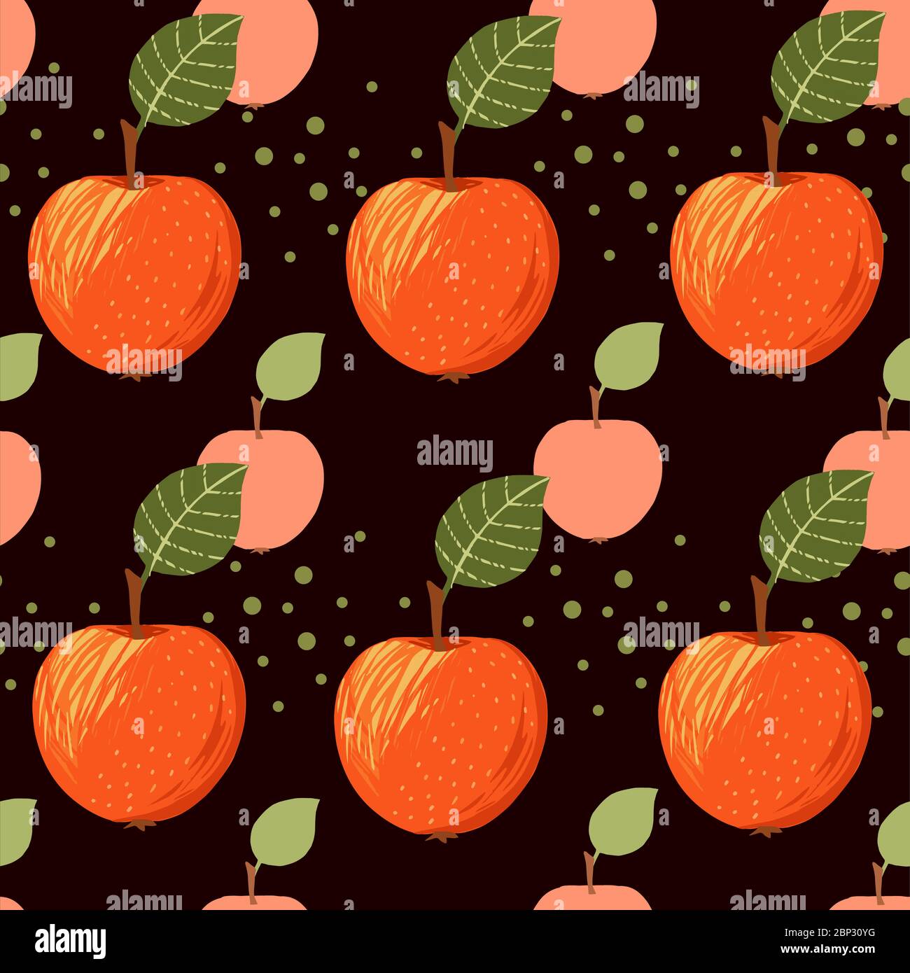 Seamless Pattern Of Apples With Green Leaves Flat Vector Illustration