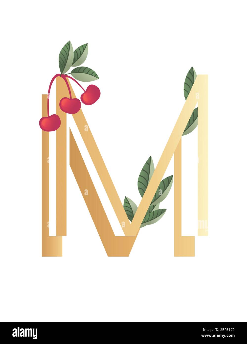 Letter M with gradient style beige color covered with green leaves and ...