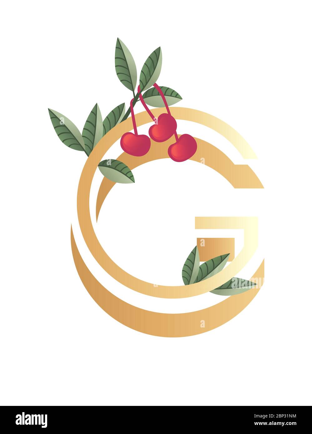Letter G with gradient style beige color covered with green leaves and ...