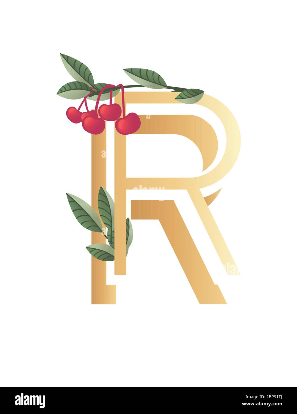 Letter R with gradient style beige color covered with green leaves and ...