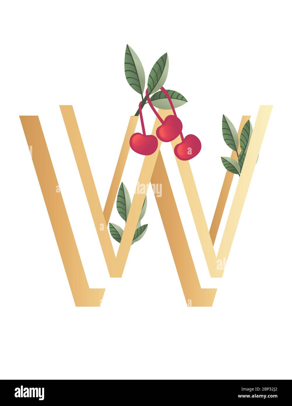 Letter W with gradient style beige color covered with green leaves and ...